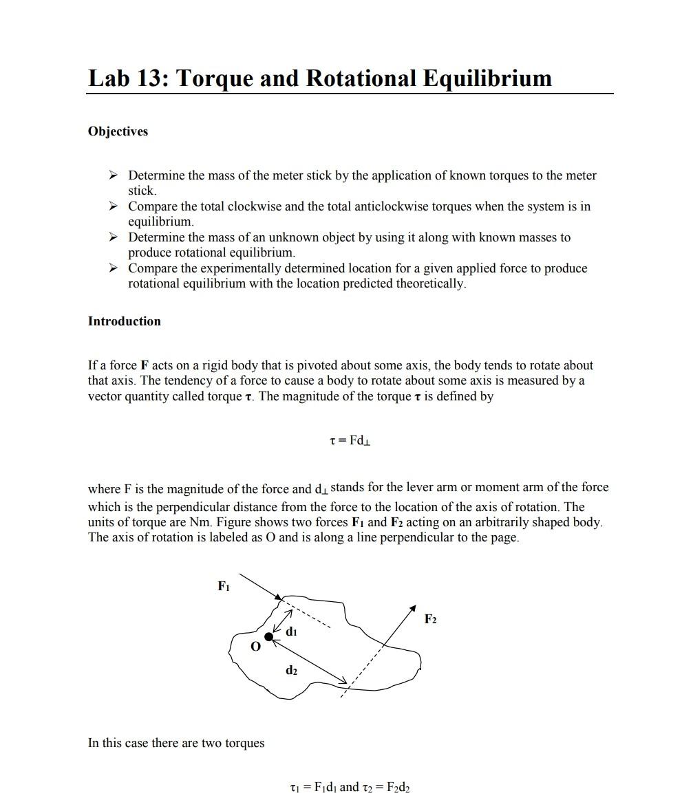 Solved Lab 13: Torque and Rotational Equilibrium Objectives | Chegg.com