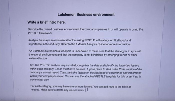 Solved Lululemon Business environment Write a brief intro | Chegg.com