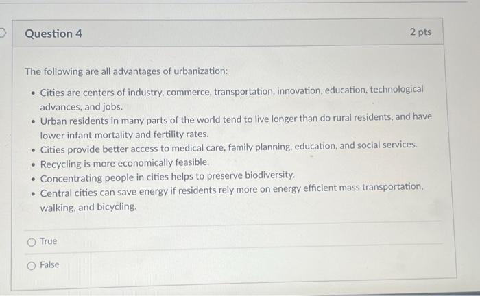 Solved The following are all advantages of urbanization: - | Chegg.com