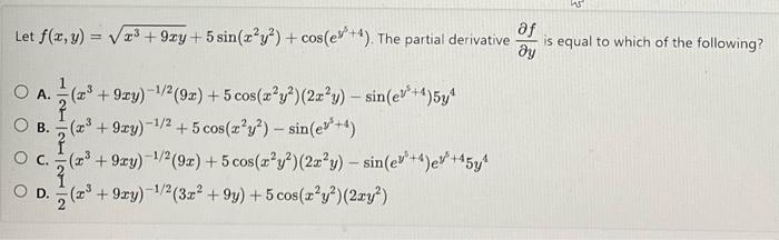 Solved Let f(x,y)=x3+9xy+5sin(x2y2)+cos(ey5+4). The partial | Chegg.com