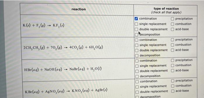 Solved reaction K(s) + F, () KF,() + 2 2CH,CH, (e) + 70,($) | Chegg.com
