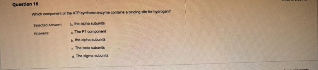 Solved Question 16Which component of the ATP synthase enzyme | Chegg.com