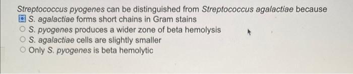 Solved Streptococcus pyogenes can be distinguished from | Chegg.com
