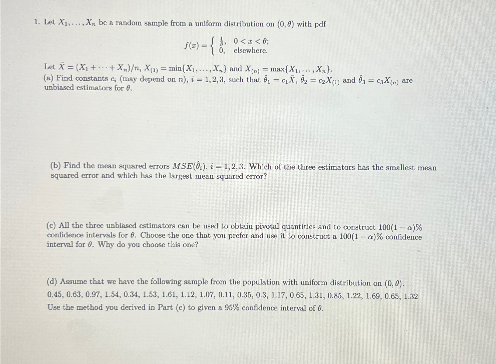 Solved Let x1,dots,xn ﻿be a random sample from a uniform | Chegg.com
