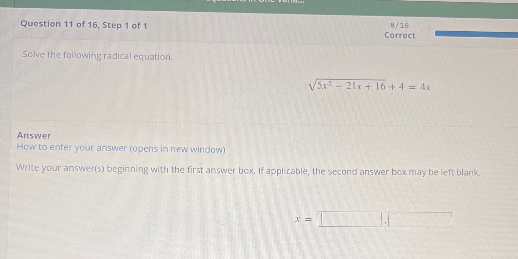 Solved Question 11 ﻿of 16 , ﻿Step 1 ﻿of 1816CorrectSolve the | Chegg.com
