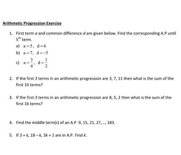 Solved rithmetic Progression Exercise 1. First term a and | Chegg.com