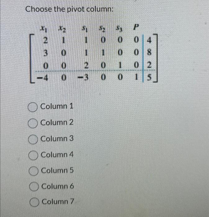 Solved Choose the pivot column: x₁ 2 3 0 -4 10 0 10 Column 1 | Chegg.com