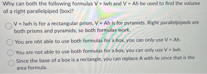 Solved Why can both the following formulas V=I wh and V=Ah | Chegg.com