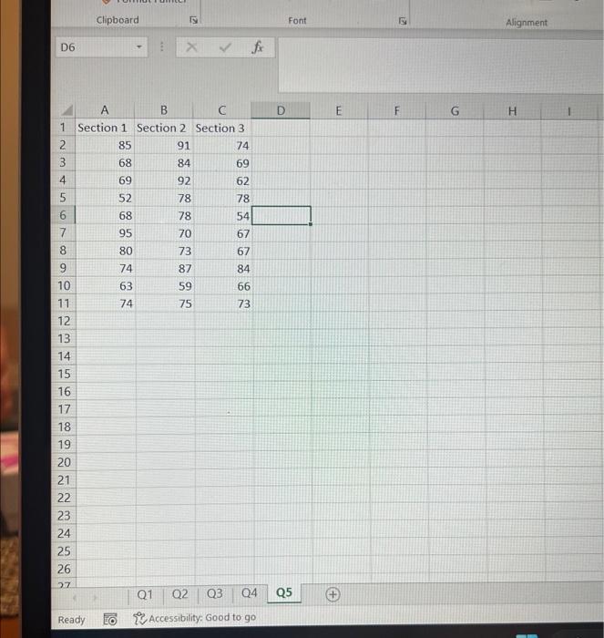 Solved 5. Excel Tab Q5: Tab Q5 shows test scores for three | Chegg.com