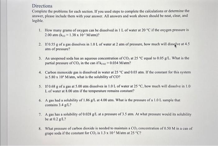 Solved Directions Complete the problems for each section. If | Chegg.com