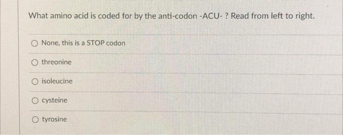 Solved What amino acid is coded for by the anti-codon -ACU-? | Chegg.com