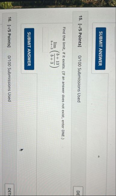 Solved SUBMIT ANSWER15. [-/5 ﻿Points] 0/100 ﻿Submissions | Chegg.com