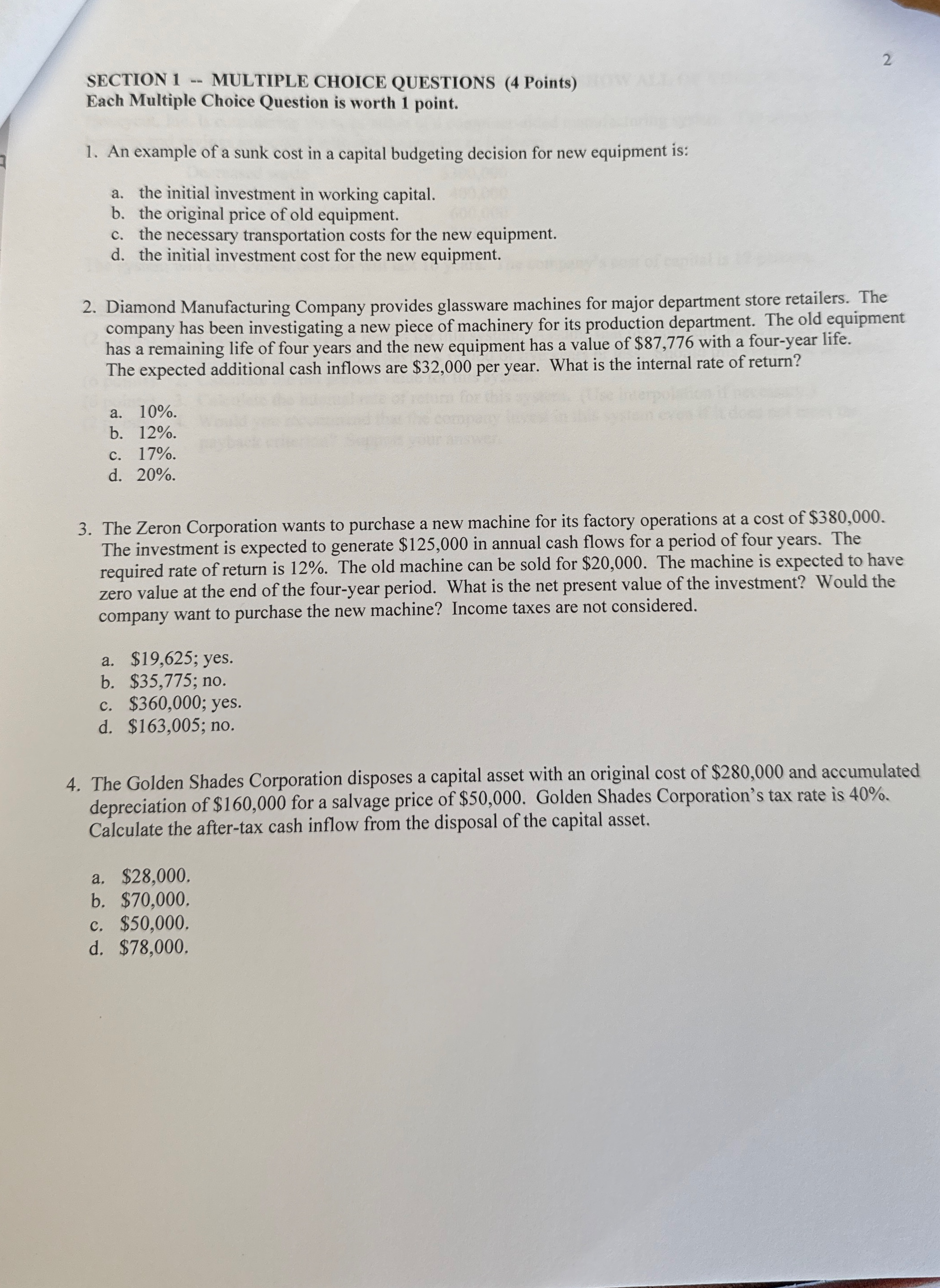 Solved 2SECTION 1 -- ﻿MULTIPLE CHOICE QUESTIONS (4 | Chegg.com