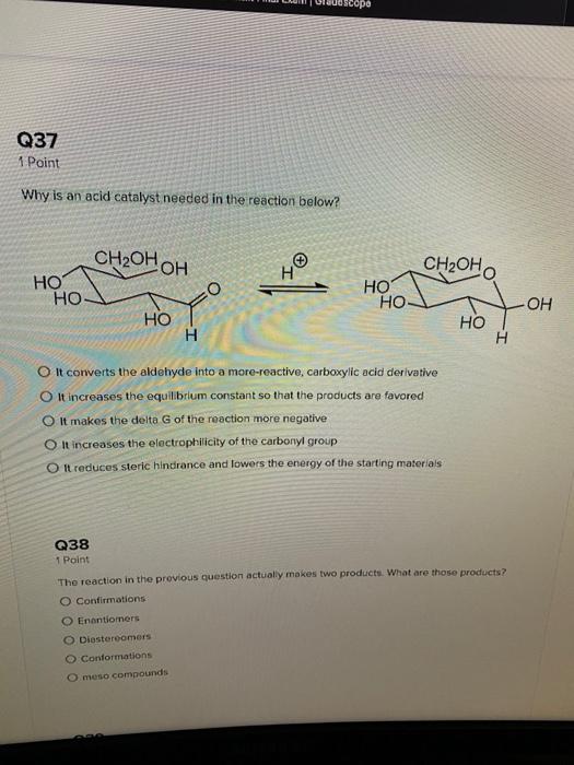 Solved оро Q37 1 Point Why is an acid catalyst needed in the | Chegg.com