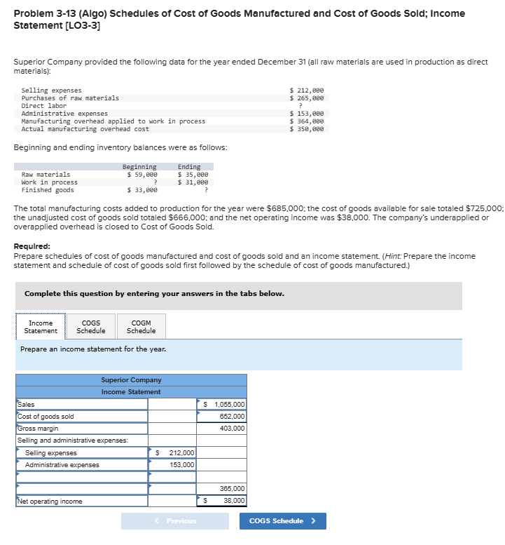 Solved Problem 3－13（Algo）Schedules of Cost of Goods | Chegg.com