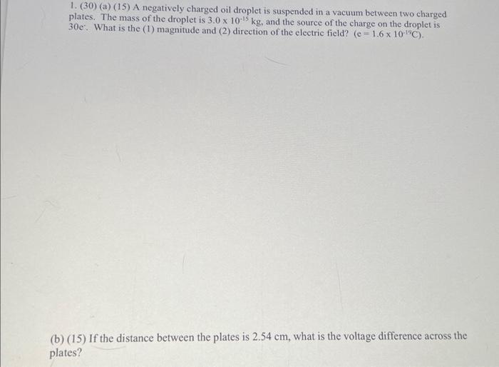 Solved 1. (30) (a) (15) A negatively charged oil droplet is | Chegg.com