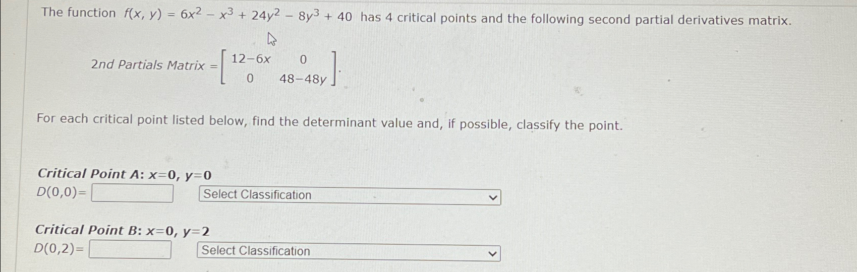 Solved The function f(x,y)=6x2-x3+24y2-8y3+40 ﻿has 4 | Chegg.com