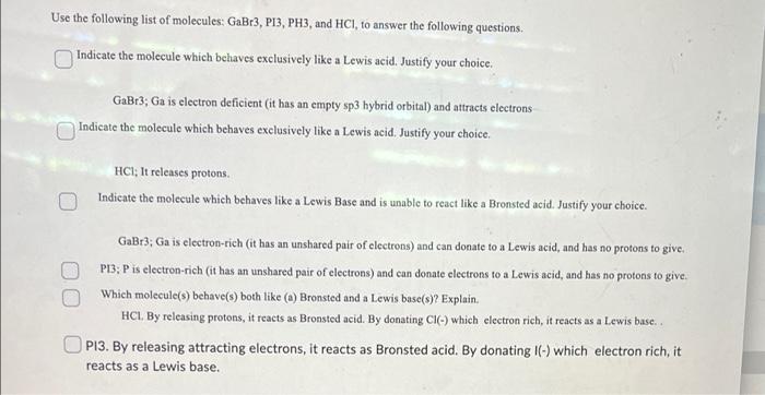 Solved Use the following list of molecules: GaBr3, P13, PH3, | Chegg.com