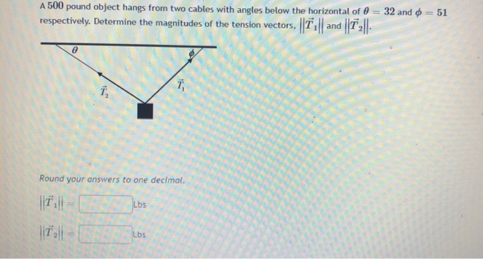 Solved A 500 pound object hangs from two cables with angles | Chegg.com