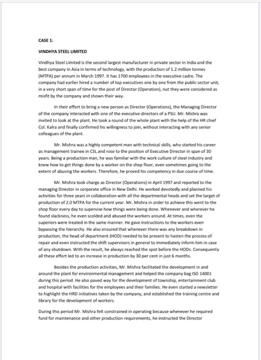 Solved CASE 1: VINDHYA STEEL LIMITED Vindhya Steel Limited | Chegg.com