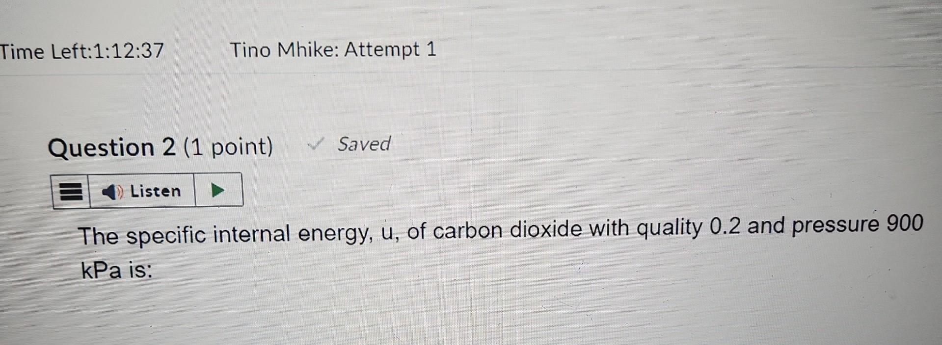 Solved The specific internal energy, u, of carbon dioxide | Chegg.com