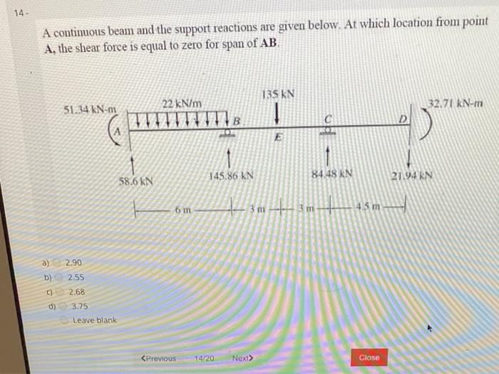 Solved 14- A continuous beam and the support reactions are | Chegg.com
