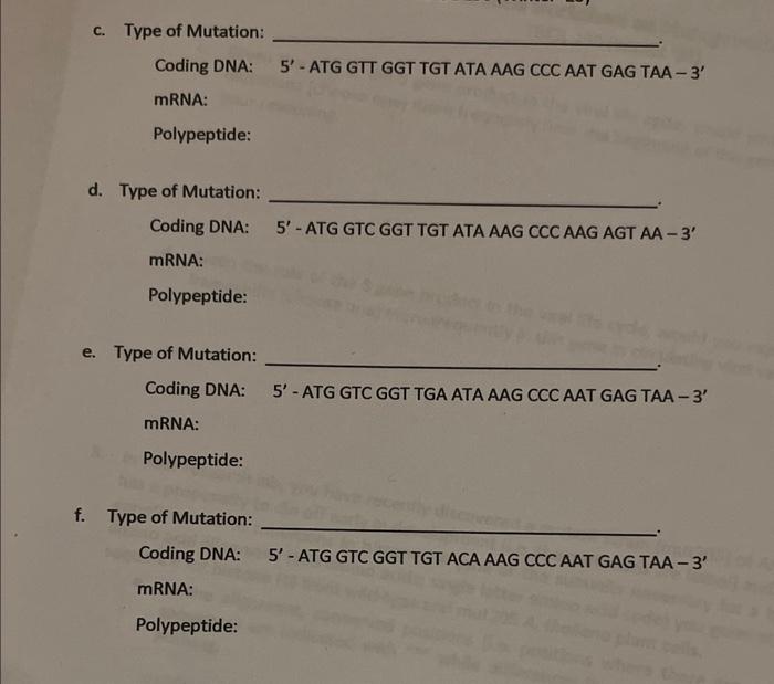 a. Type of Mutation: Coding DNA: 5′ - ATG GTC GGT TGT | Chegg.com