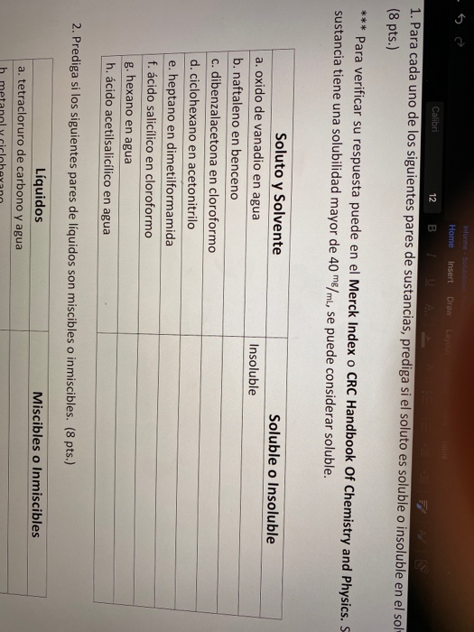 Solved Informe -solvon Home Insert 12 Calibri 1. Para cada | Chegg.com