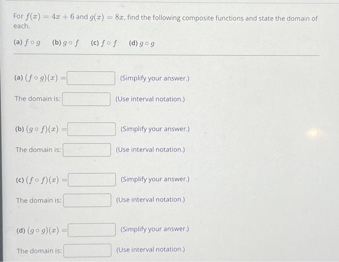 Solved For f(x)=4x+6 and g(x)=8x, find the following | Chegg.com