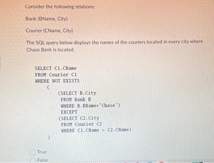 Solved Consider the following relations: Bank (BName, City) | Chegg.com