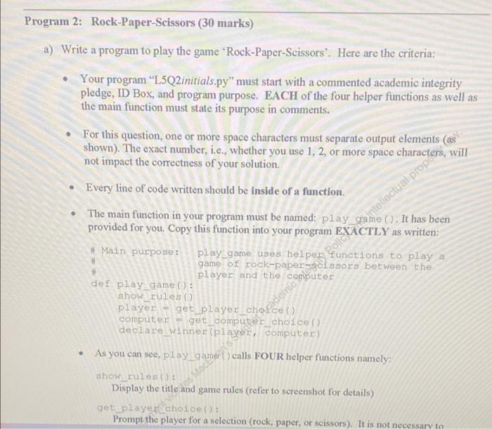 Solved Program 2: Rock-Paper-Scissors (30 marks) a) Write a | Chegg.com