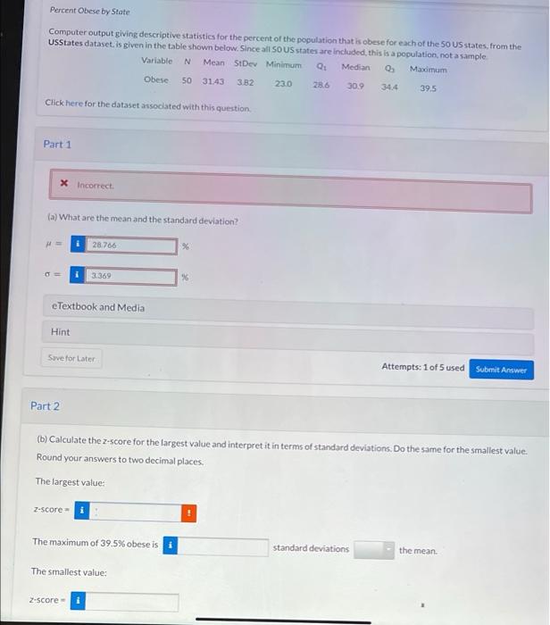 Solved Percent Obese by State Computer output giving | Chegg.com