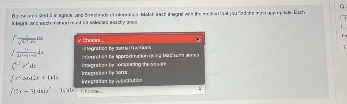 Solved Qu Below are listed 5 integrals, and 5 methods of | Chegg.com