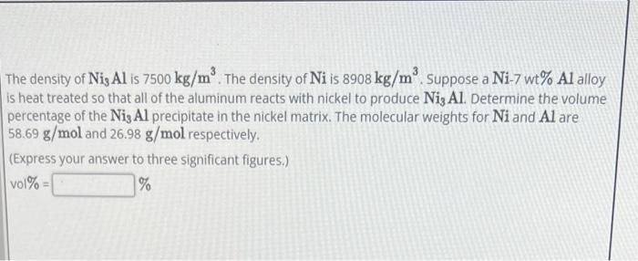 Solved The density of Ni3Al is 7500 kg/m3. The density of Ni | Chegg.com