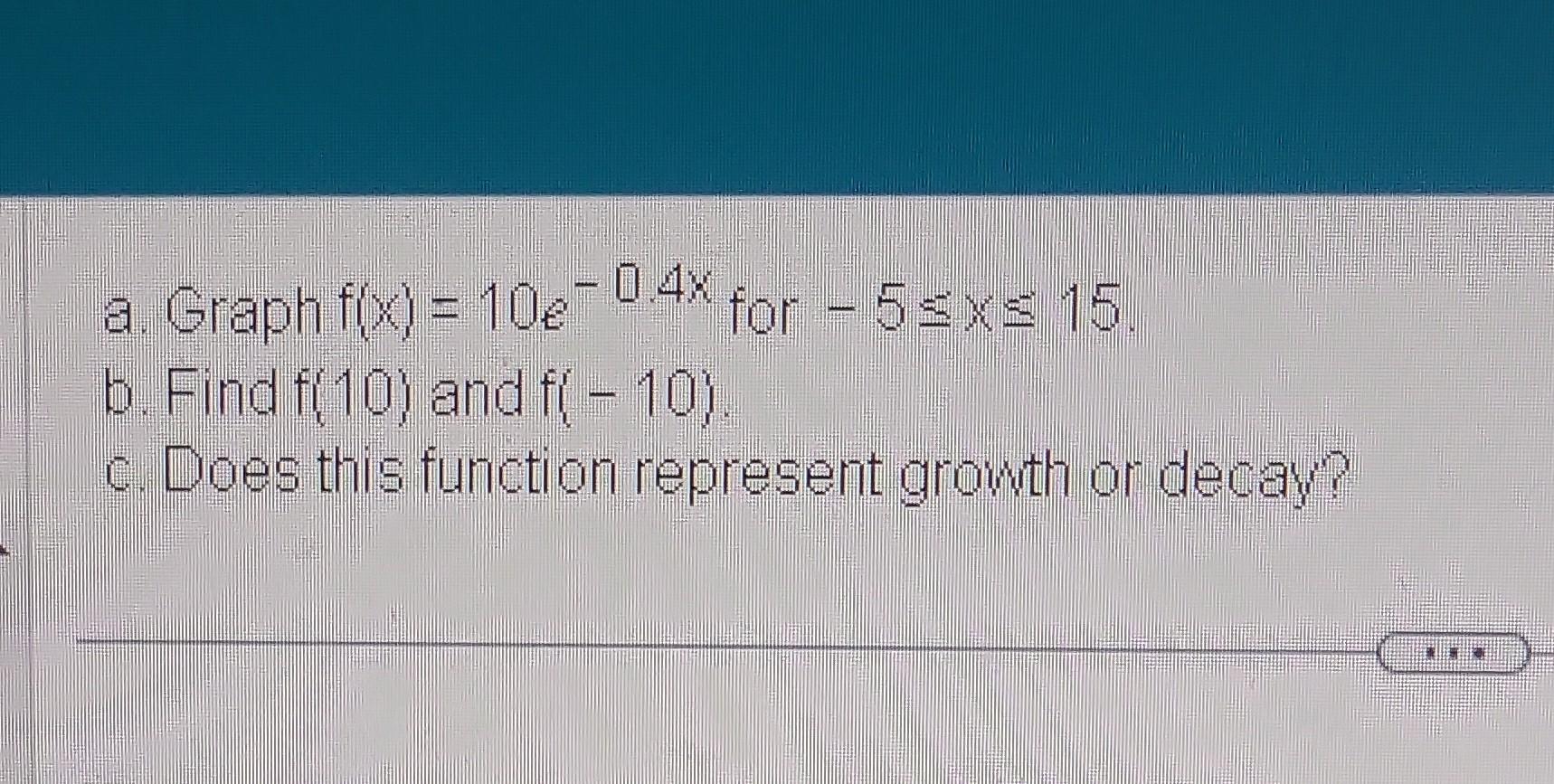 Solved a. Graph f(x)=10e−0.4x for −5≤x≤15. b. Find f(10) and | Chegg.com