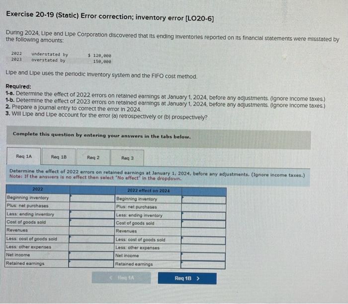 Solved Exercise 20-19 (Static) Error correction; inventory | Chegg.com