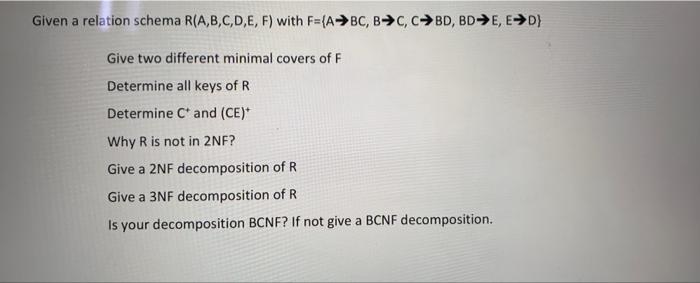 Solved Given a relation schema R(A,B,C,D,E,F) with F={ ABC, | Chegg.com Solved Given a relation schema R(A,B,C,D,E,F) with F={ ABC, | Chegg.com