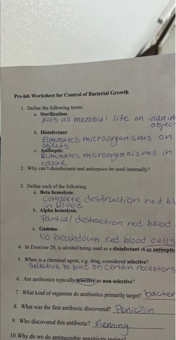 Solved Pre-lab Worksheet for Control of Bacterial Growth 1. | Chegg.com