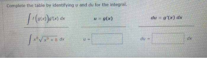 Solved Complete the table by identifying u and du for the | Chegg.com