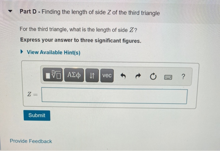Solved Part D - Finding the length of side Z of the third | Chegg.com