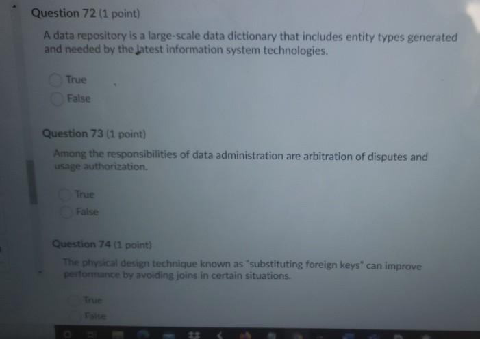 Solved Question 72 (1 point) A data repository is a | Chegg.com