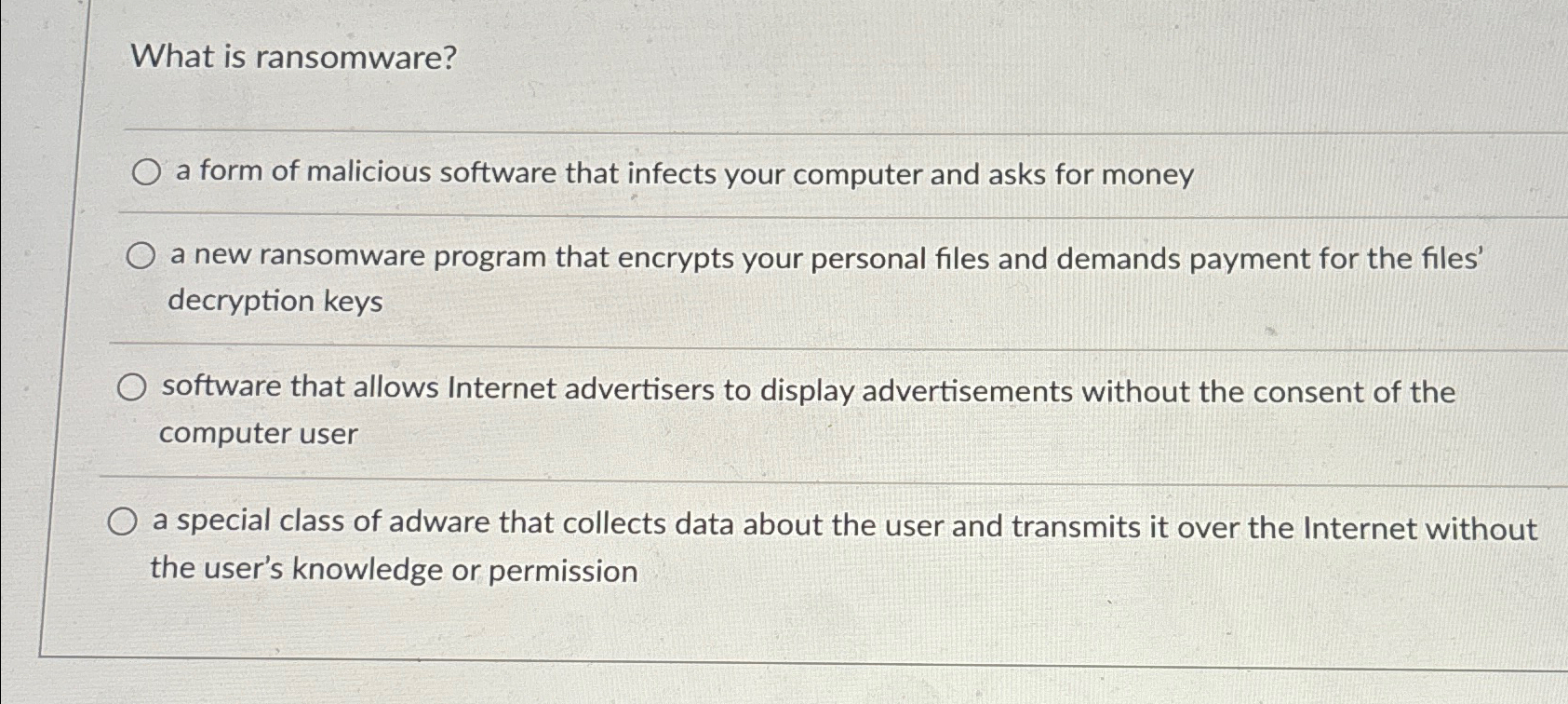 Solved What is ransomware?a form of malicious software that | Chegg.com