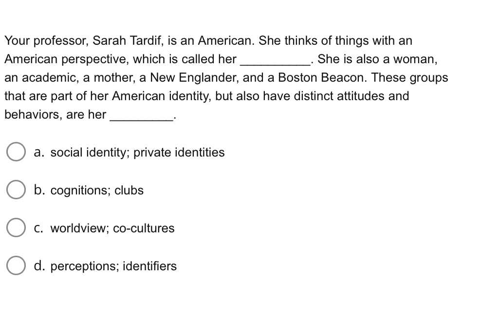 Solved Your professor, Sarah Tardif, is an American. She | Chegg.com