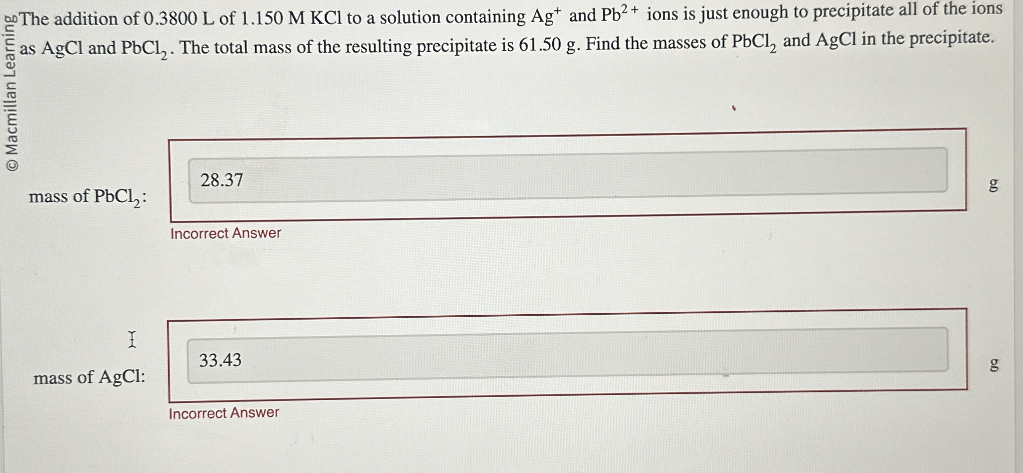 Solved ?∁an ﻿The addition of 0.3800 ﻿L of 1.150 ﻿M KCl to a | Chegg.com