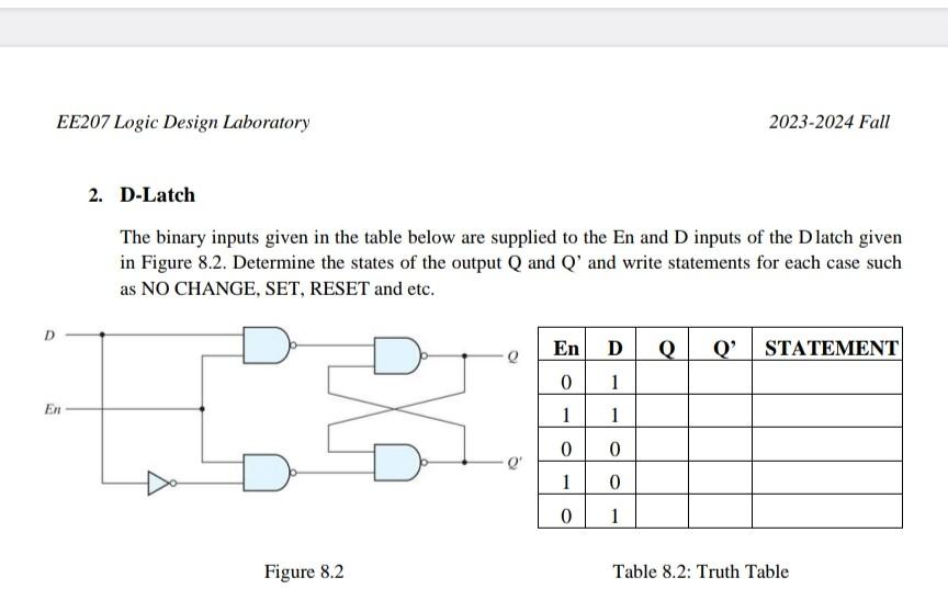 2. D-Latch The binary inputs given in the table below | Chegg.com