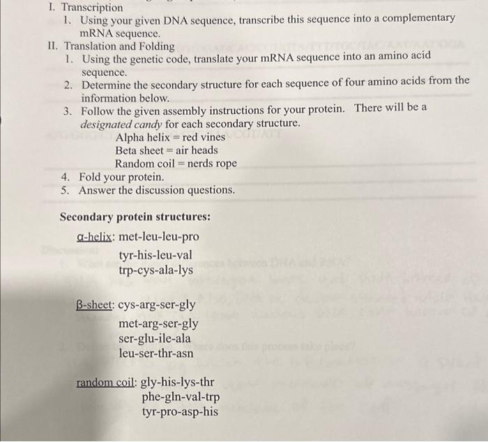 Solved I. Transcription 1. Using your given DNA sequence, | Chegg.com