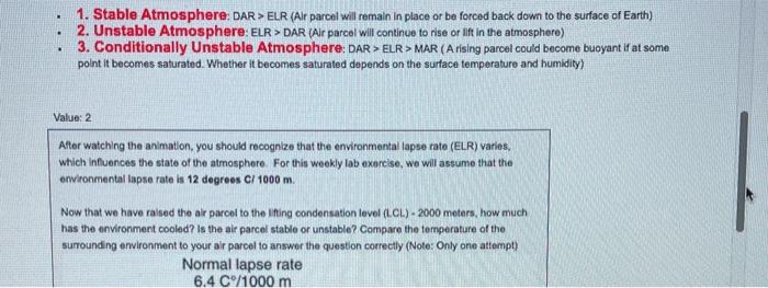 Solved . 1. Stable Atmosphere: DAR > ELR (AIr parcel will | Chegg.com