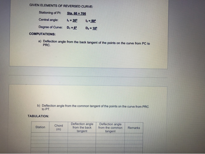 GIVEN ELEMENTS OF REVERSED CURVE: Stationing of P: | Chegg.com