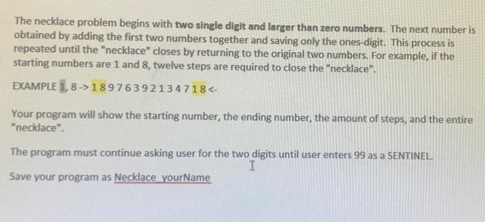 Solved The necklace problem begins with two single digit and | Chegg.com