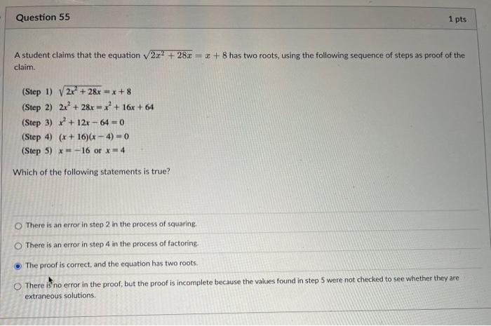 Solved A student claims that the equation 2x2+28x=x+8 has | Chegg.com